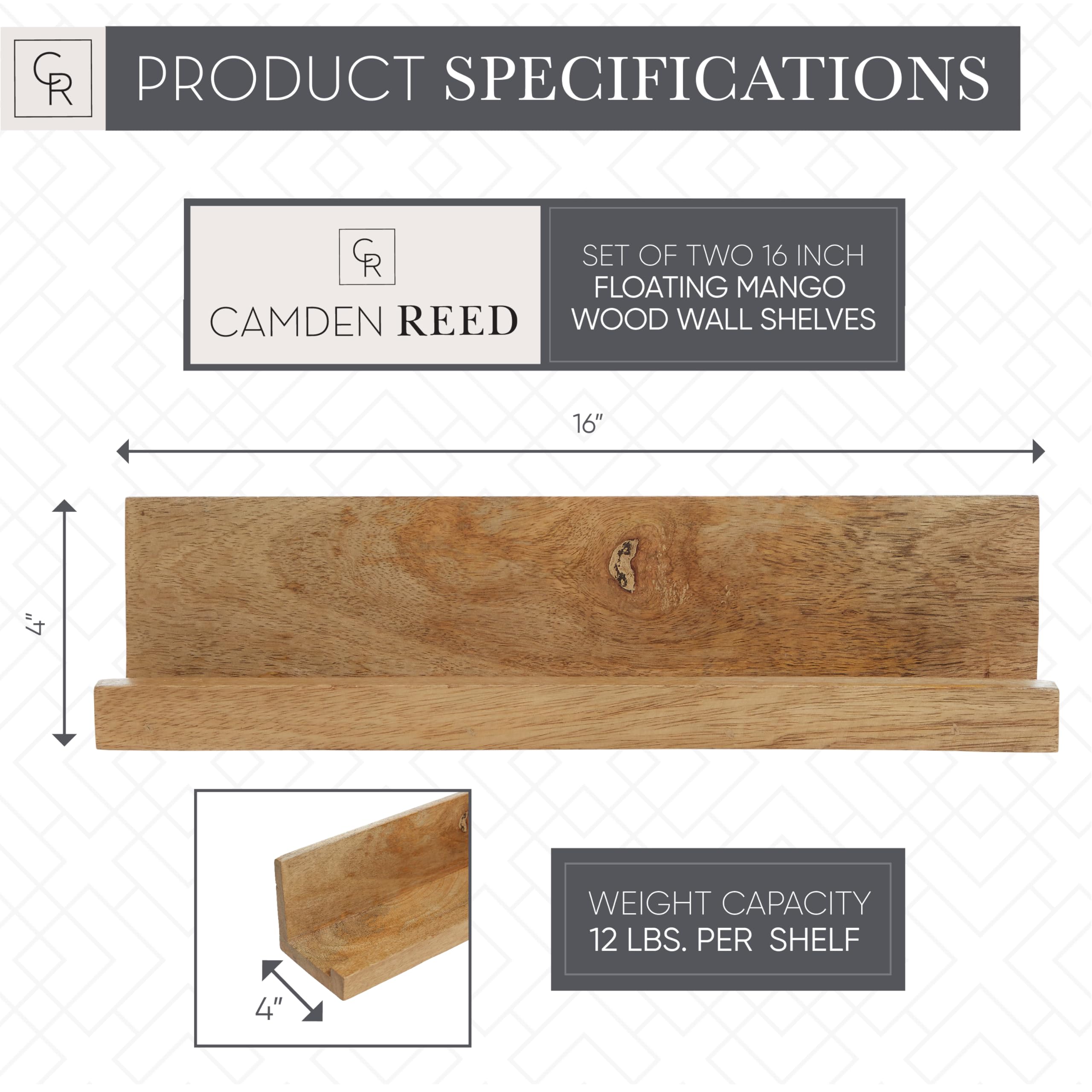 Camden Reed Set of 2-16 Inch Floating Mango Wood Wall Shelves, Storage for Kitchen, Living Room, Bathroom or Office, Natural Finish
