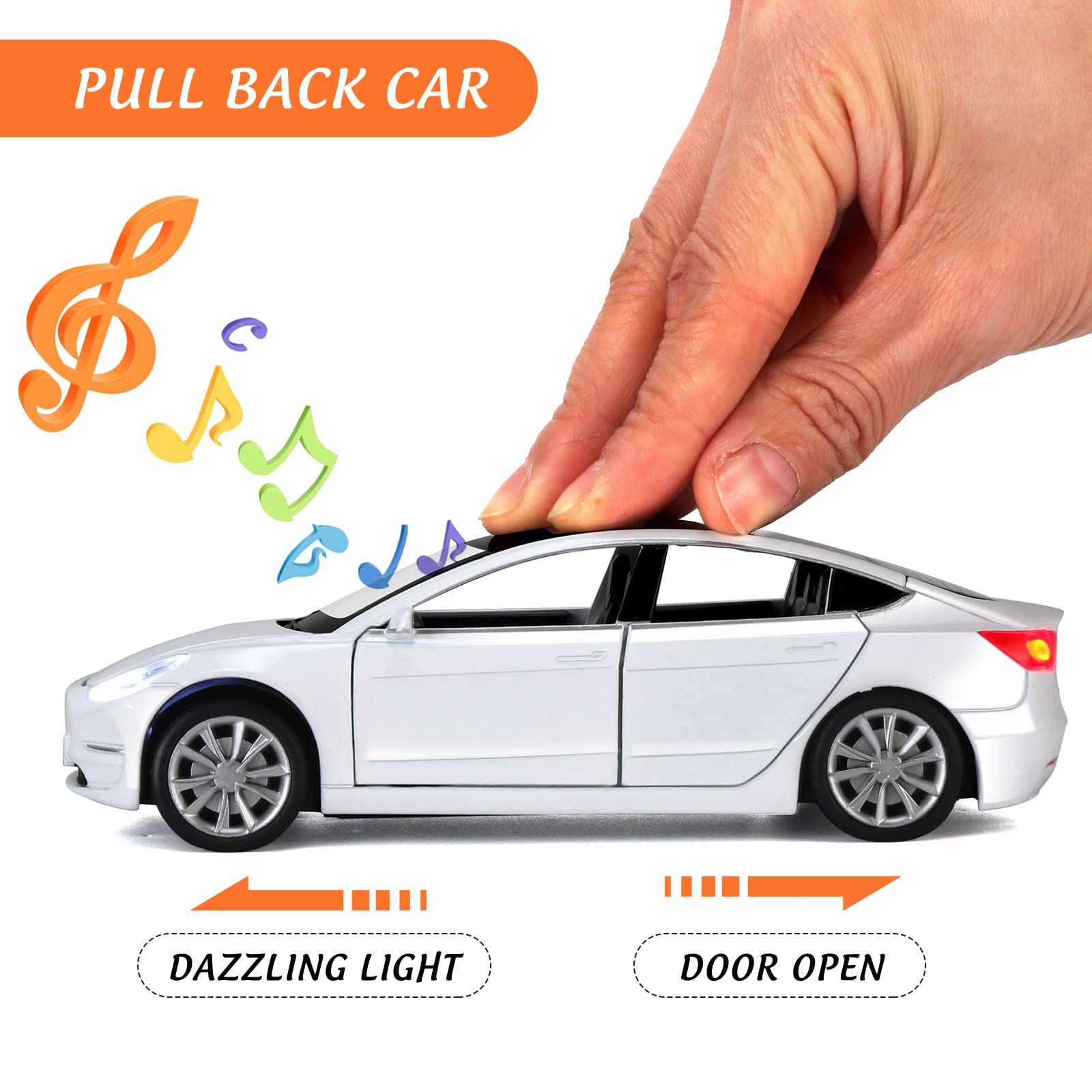 MYJJTYS Toy Car 1/32 Model 3 Metal Die Casting Pull Back Car for 3 4 5 6 7 Year Old boy Toy with Sound and Light,White