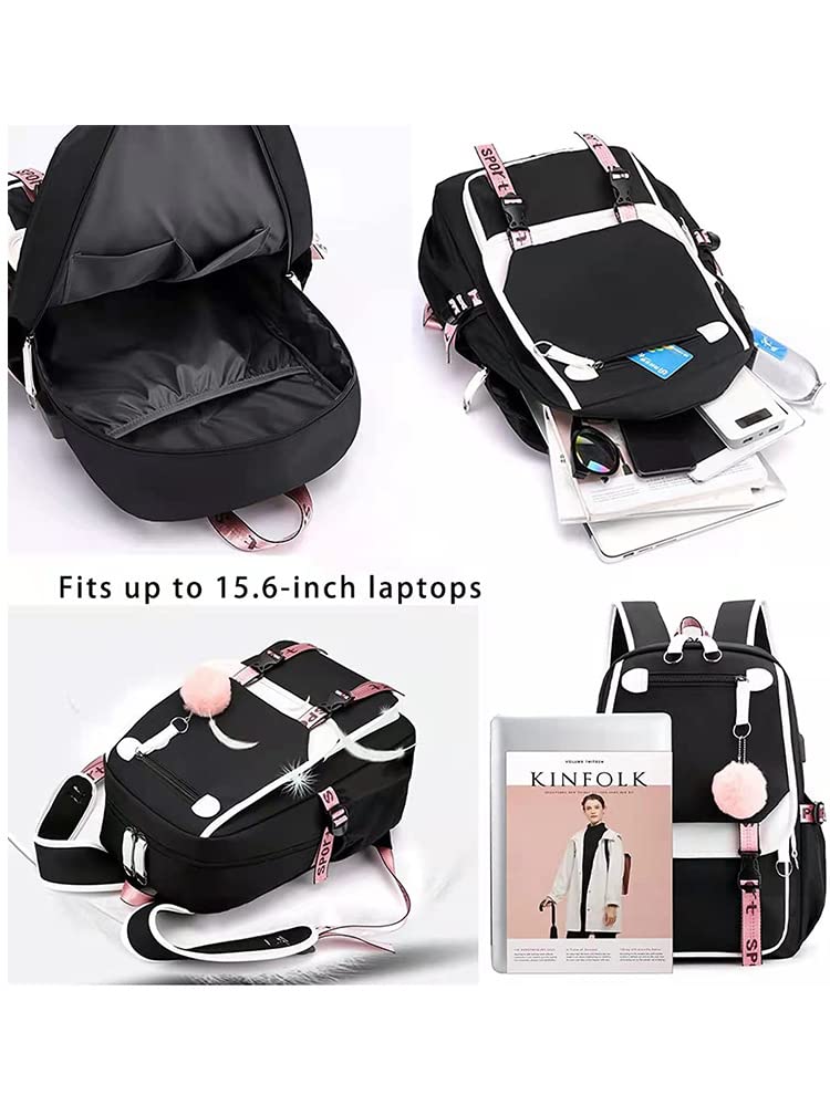 egen Kawaii Lightweight Schoolbag with USB Port USB Cable and Earphone Cord Set College Laptop Backpack Travel (Yellow Black,17 Inch)