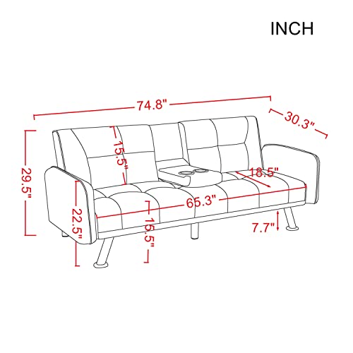 ERDAYE Folding Modern Futon Sofa Loveseat Convertible Sleeper Couch Bed for Living Room Apartment Small Space Furniture Sets with 2 Cup Holders,Metal Legs, Removable Soft Square Armrest,Light Gray