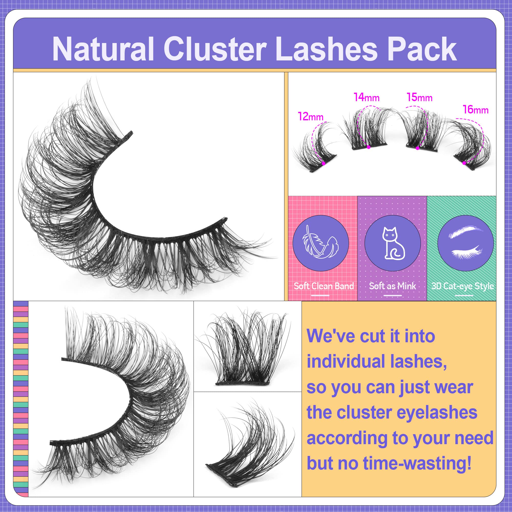 Cluster Lashes D Curl Russian Strip Lash Clusters Wispy False Eyelashes Natural Look Fluffy zanlufly Individual Lashes DIY 14MM 16MM Eyelashes Extension 6d Volume Soft Lashes Pack