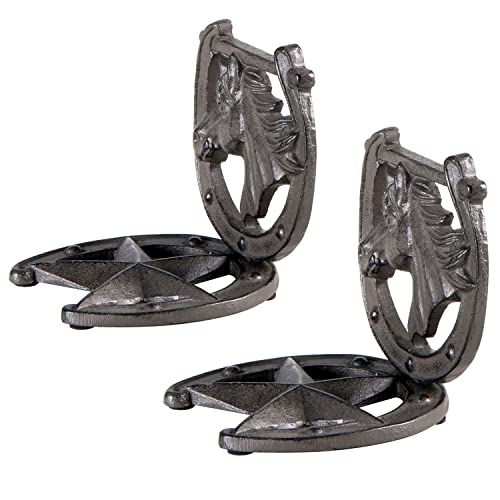 MyGift Dark Brown Cast Iron Decorative Bookends for Heavy Books, Western Theme Home Office Decoration, Bookshelf Decor with Horse, Horseshoe and Star Design, 1 Pair