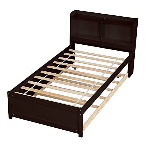 ERDAYE Twin Size Platform Bed Sets with Pull Out Trundle & Bookcase, Solid Wood Bedframe with Storage Shelves for Boys and Girls Bedroom Furniture Daybed, Space Saving Design, Espresso