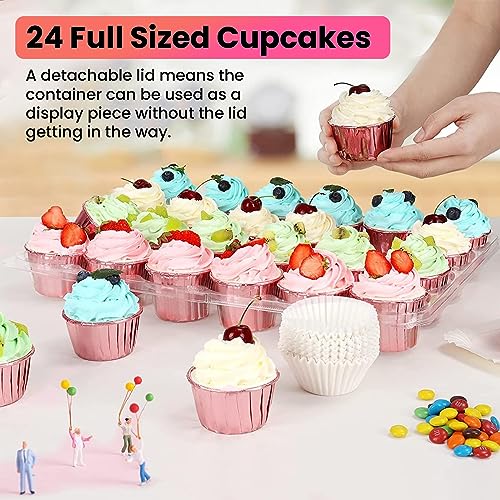 Bake Swirl (24 Counts x 6 Sets Standard Cupcake Containers with 144 Liners Clear Plastic Cupcake Boxes Carrier Holders Detachable Tall High Dome Lid Disposable BPA Wedding Party Baby Shower Birthday