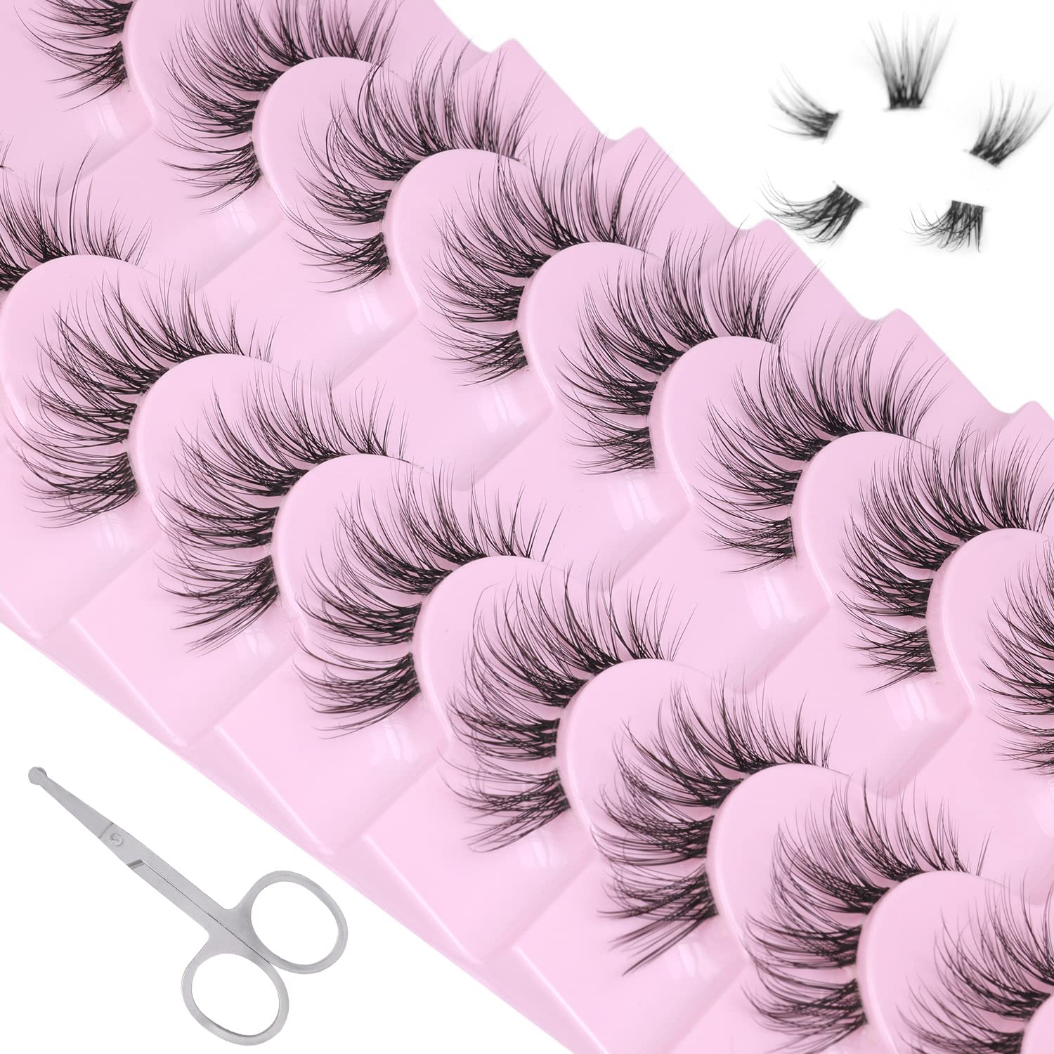 Cluster Lashes with Scissors False Eyelashes Natural Look Wispy Faux Mink Lashes Clear Band Individual DIY Cat Eye Strip Lashes Pack 9 Pairs