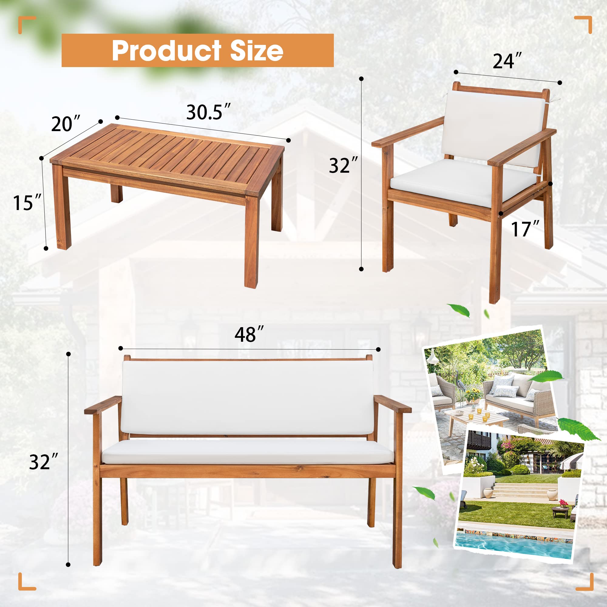 Devoko Patio Furniture 4 Piece Acacia Wood Outdoor Conversation Sofa Set with Table & Cushions Porch Chairs for Garden, Deck, Backyard, Beige