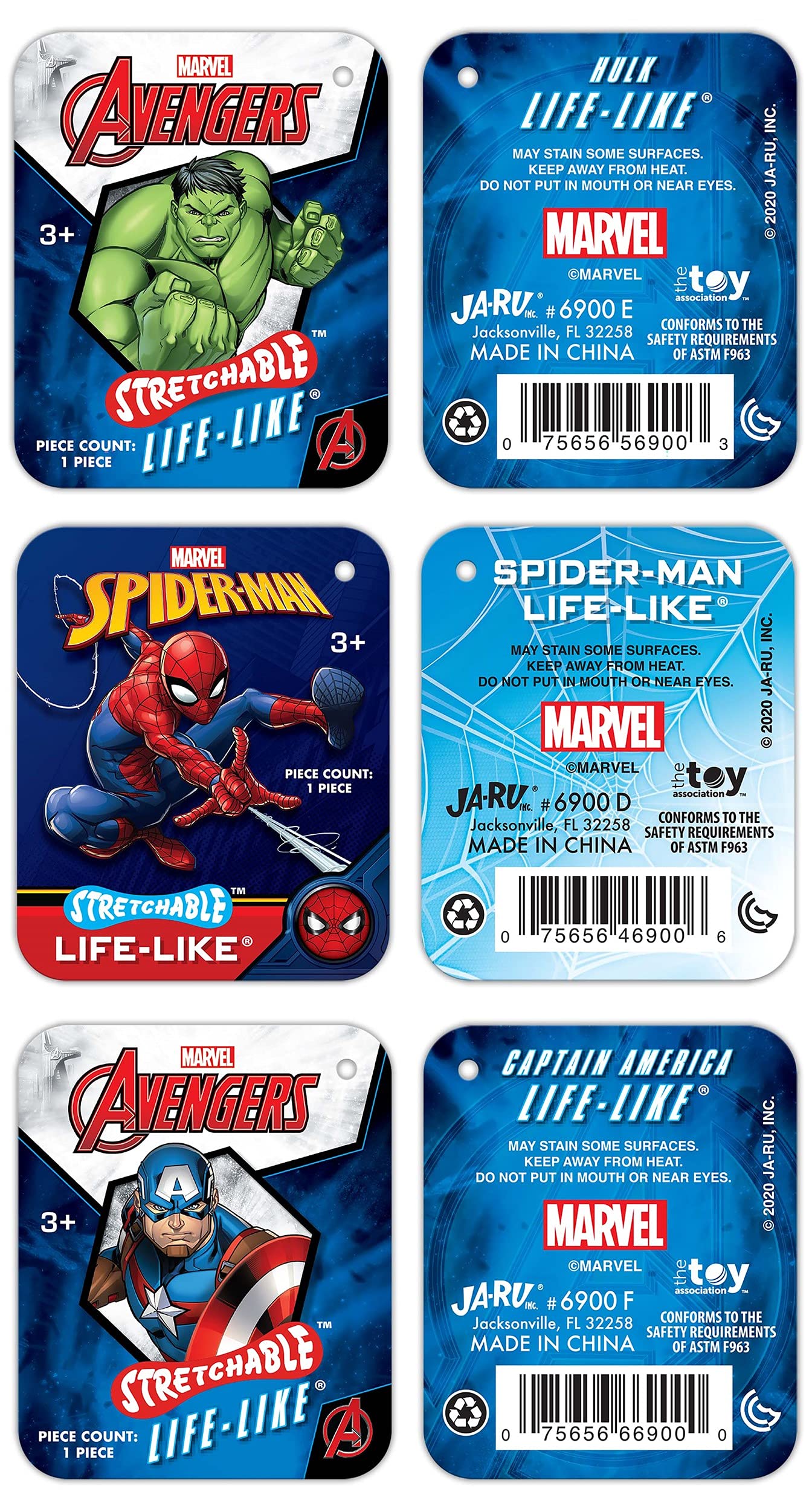 JA-RU Marvel Avengers Stretchy Toys Heroes Squish & Pull Toys (3 Units Assorted) Hulk Captain America & Spiderman Calming Fidget Toy, Stress Toys for Kids & Boys Toys DEF-6900-3