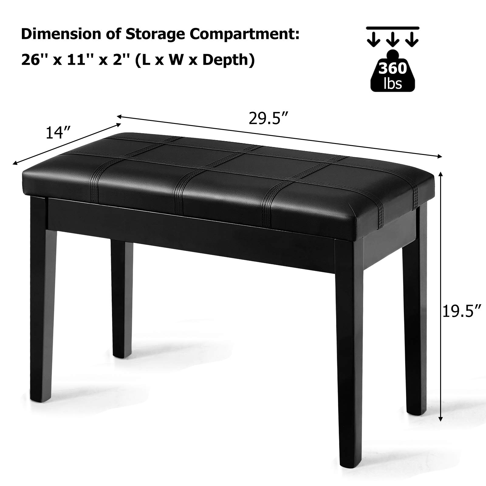 GOFLAME Piano Bench with Padded Cushion and Music Storage, Comfortable Double Duet Seat with PU Leather and Wooden Legs, Perfect for Professional or Home Use (Black)