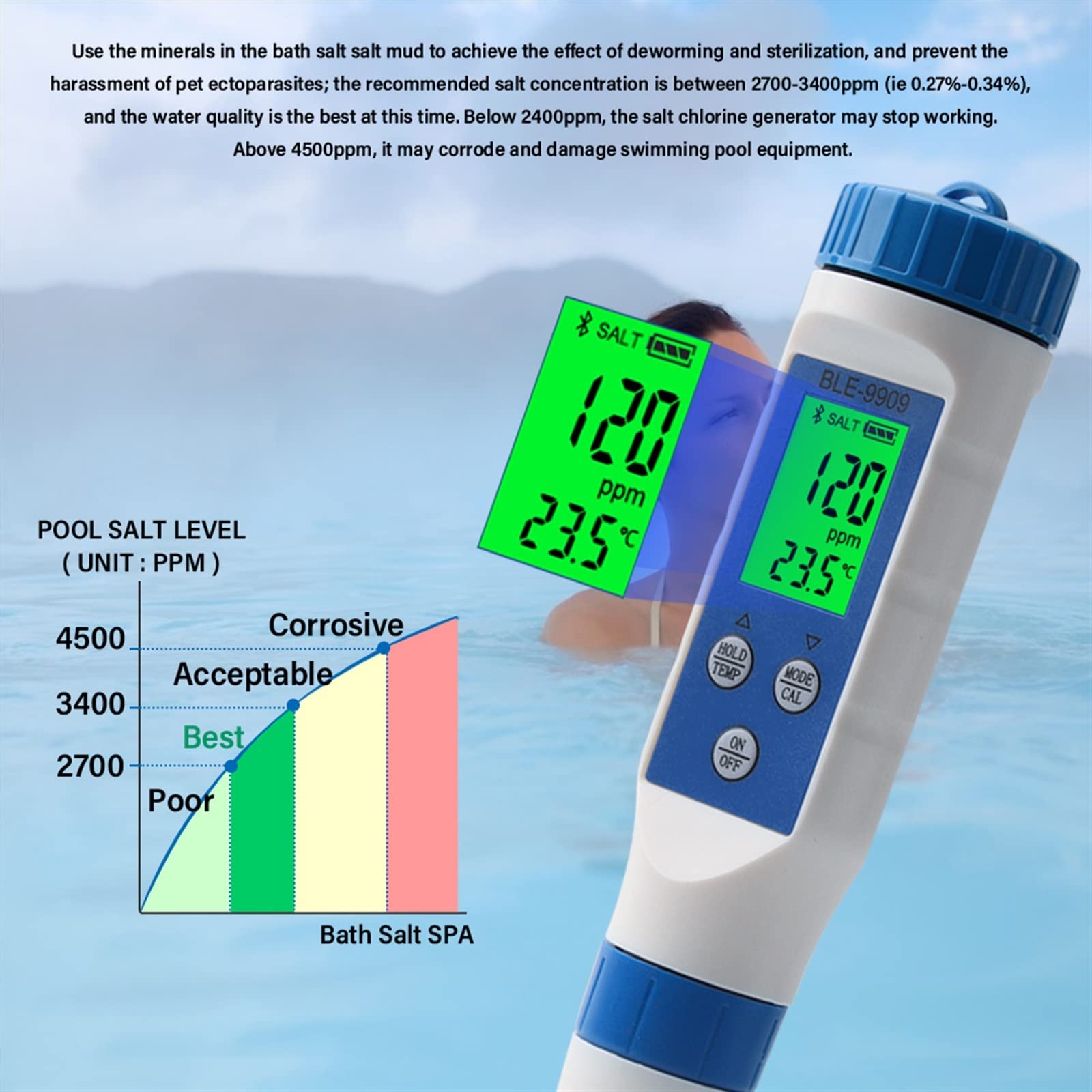 Digital Tester Smart Bluetooth Food Salinity Meter for Salt Water ATC Brine Pickle Sodium Chloride Multi-Parameter Tester 0.01-25.00%