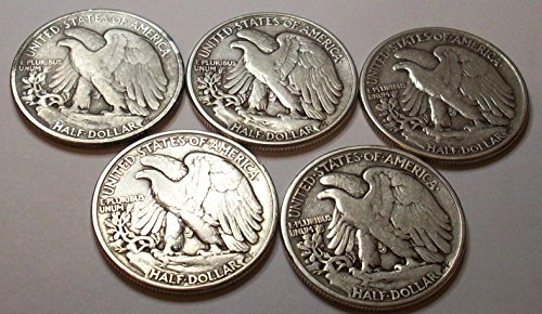 Count of 5 - Walking Liberty Half Dollar 5 Different Dates F/VF 90% Silver Fine to Extra Fine