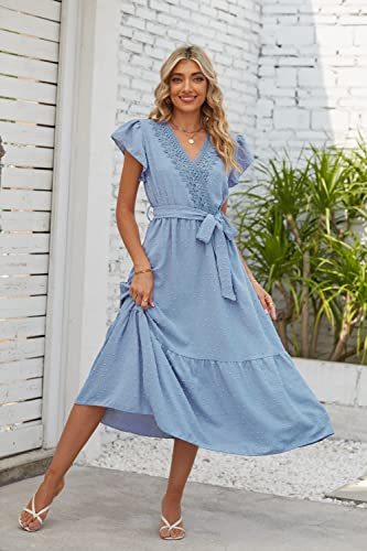 EGRETLAC Women V Neck Haltter Sleeveless Boho Swiss Dot Dress, Elasticated Waist A Line Flowy Hem Long Dresses with Tie Blue