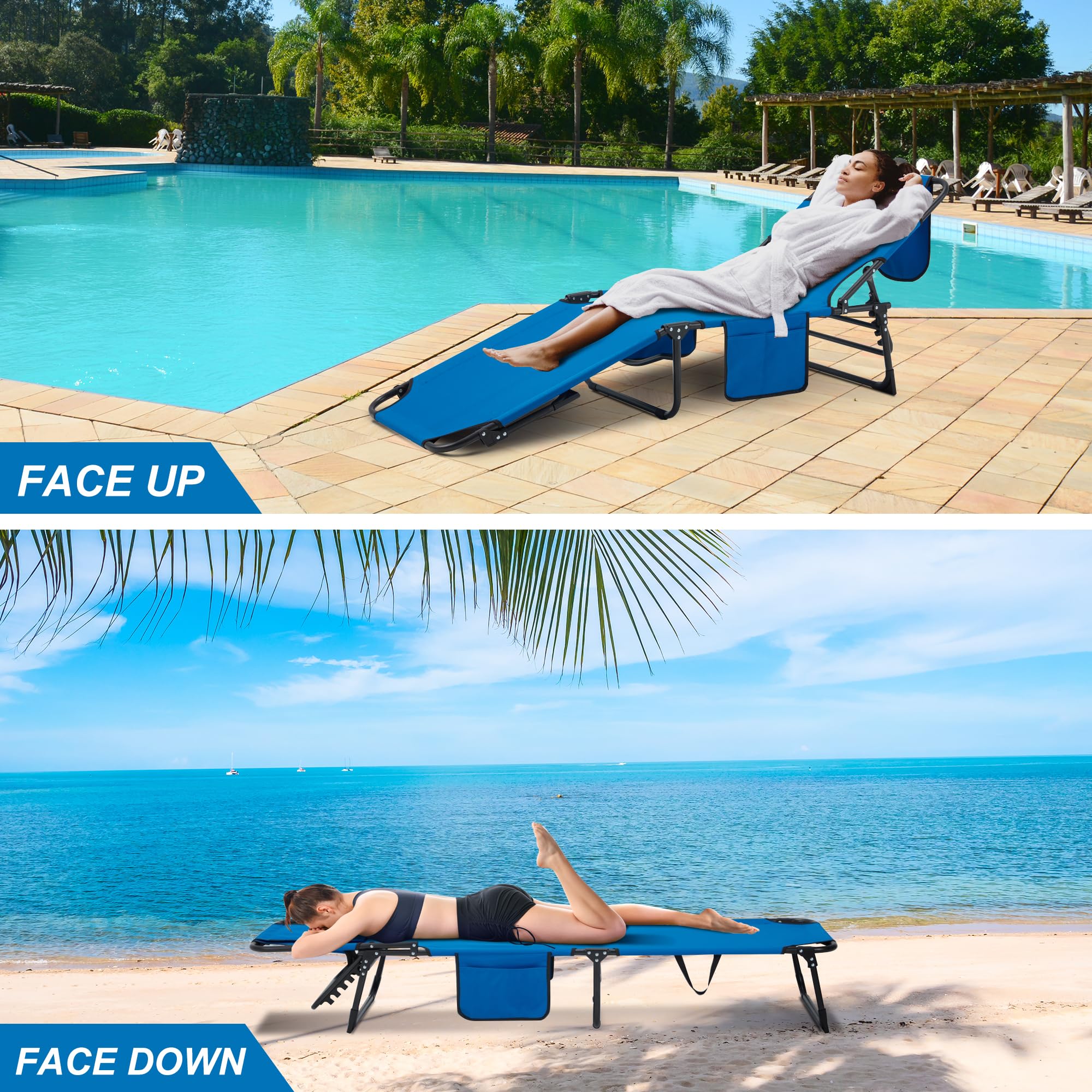 Candockway 5-Fold Lounge Chair, Outdoor Tanning Chair with Face Hole, Support 450lbs, Non-Slip Foot & Portable Handle, 2 Function Pockets Portable Chaise for Beach, Patio(1, Blue)