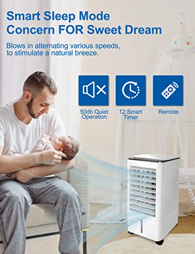 Evaporative Air Cooler,3-IN-1Portable Air Conditioners and Windowless Room Cooler Humidification-Ice Packs-12 Hour Timer-Remote Control,Ideal for Home, Office, Bedroom, Kitchen,School,Garage (Pearl White)