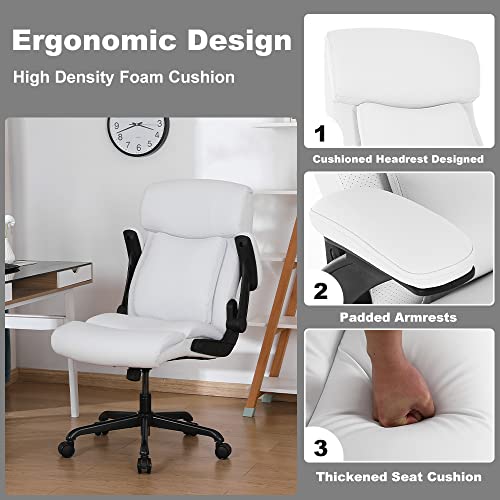 Executive Office Chair, Big and Tall Office Chair 500lbs for Heavy People Ergonomic High Back Leather Executive Office Chair with Flip-up Armrests and Adjustable Height Office Chair (White)