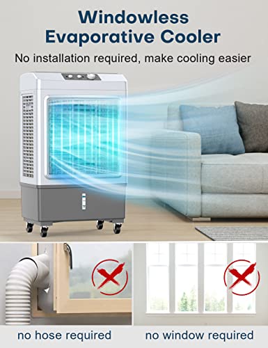Evaporative Air Cooler, Breezewell 2100 CFM Outdoor Air Conditioner, 8 Gallon Windowless Air Conditioner for Room w/ 3 Speed, 4 Ice Pack, 4 Scroll Casters, Swamp Cooler for Outdoor Indoor Use