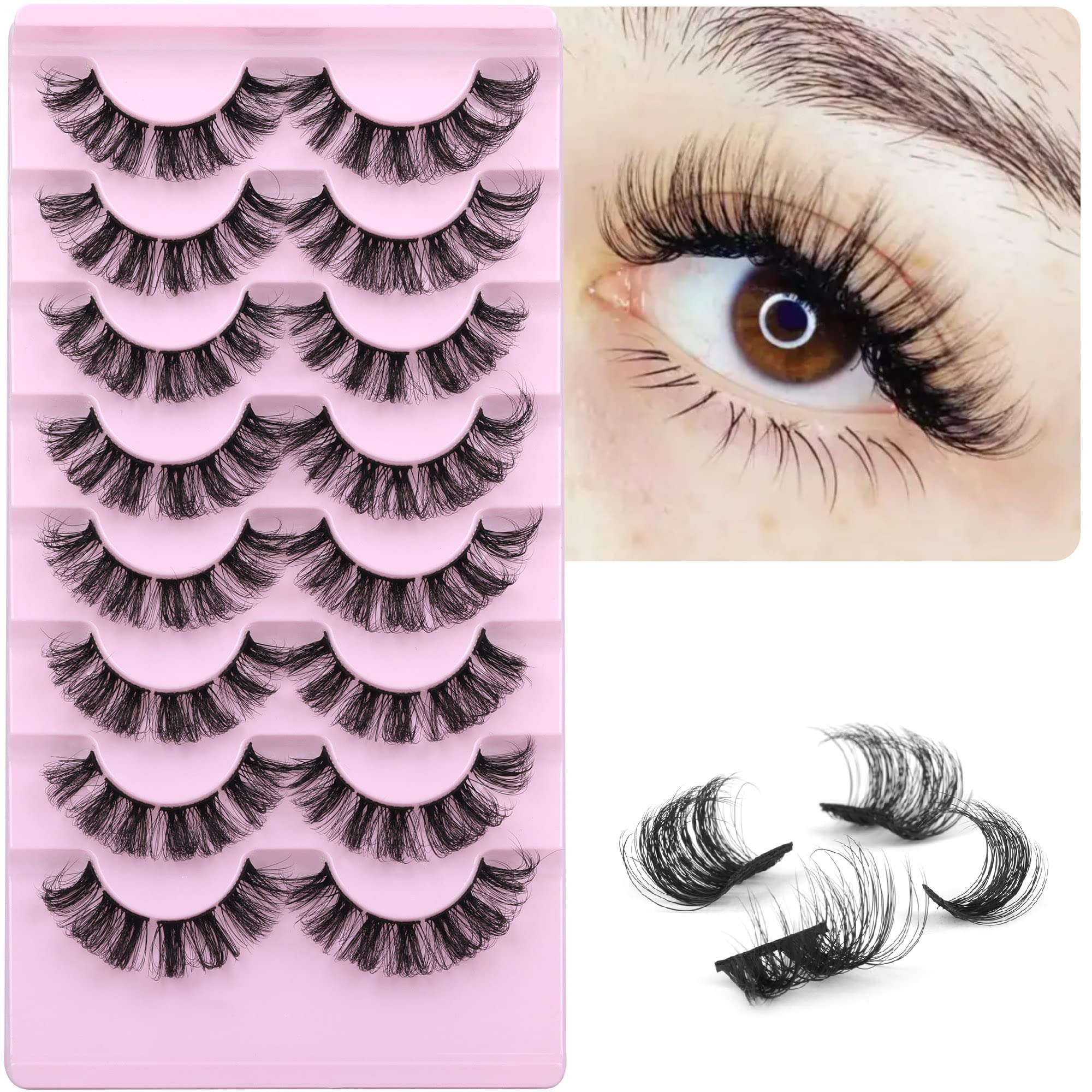 Cluster Mink Lashes Natural Look Fluffy D Curl Strip Eyelashes Extension Russian Eye Lashes Individual Wispy 5D Volume False Eyelashes 8 Pairs DIY Fake Eyelashes ALICROWN