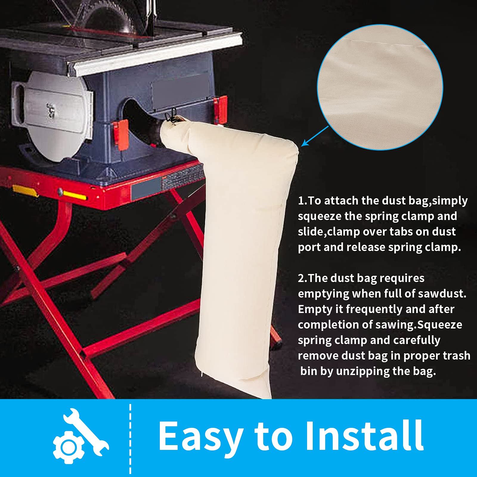 Table Saw Dust Collector Bag Replacement for Bosch/Dewalt/Ryobi/Craftsman/RIGID/Delta/Porter Cable/Makita/Metabo/Kobalt/Skilsaw 10" Tablesaws with 2.5" Dust Port | 2 Pack