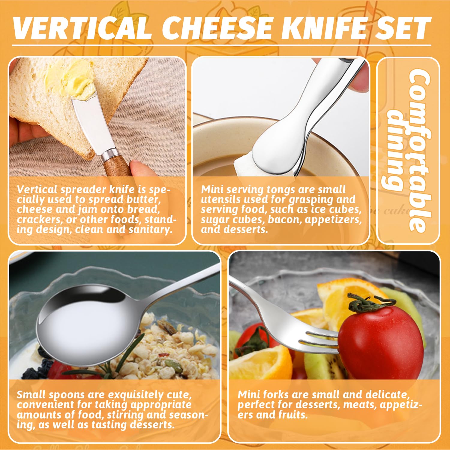 Cheese Butter Spreader Knife Set Charcuterie Accessories Stainless Steel Standing Spreader Knives with Wooden Handle Charcuterie Board Utensils Mini Serving Tongs Spoons and Forks for Appetizer Pastry