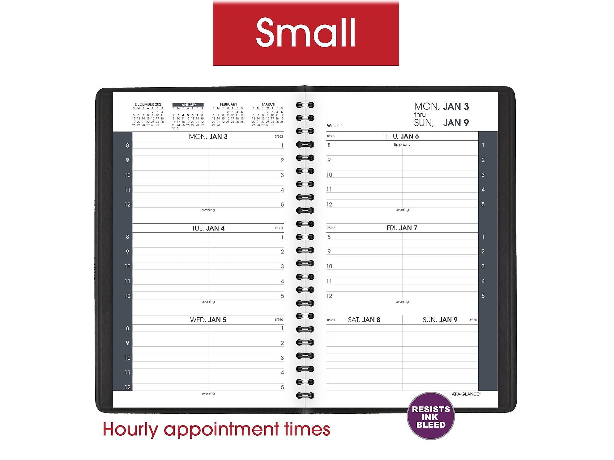 AT-A-GLANCE 2022 Weekly Planner, Hourly Appointment Book, 5" x 8", Small, 12 Months, Telephone/Address Pages, Black (7010005)