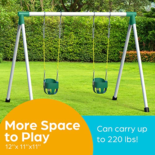 Jungle Gym Kingdom Toddler Swing - Heavy Duty, High Back, Full Bucket Baby Swing Seat with Coated Chains for Outdoor Use - Fully Assembled - Green