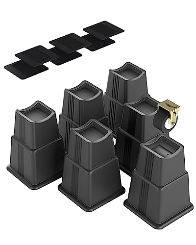 Nachell Adjustable Bed Furniture Risers 12 Pack Bed Lift Risers Elevation in Heights 3, 5 or 8 Inches Heavy Duty for Caster Wheels or Posts of Bed Table Couch, Support up to 2500 lbs. (8 Inch, Black)