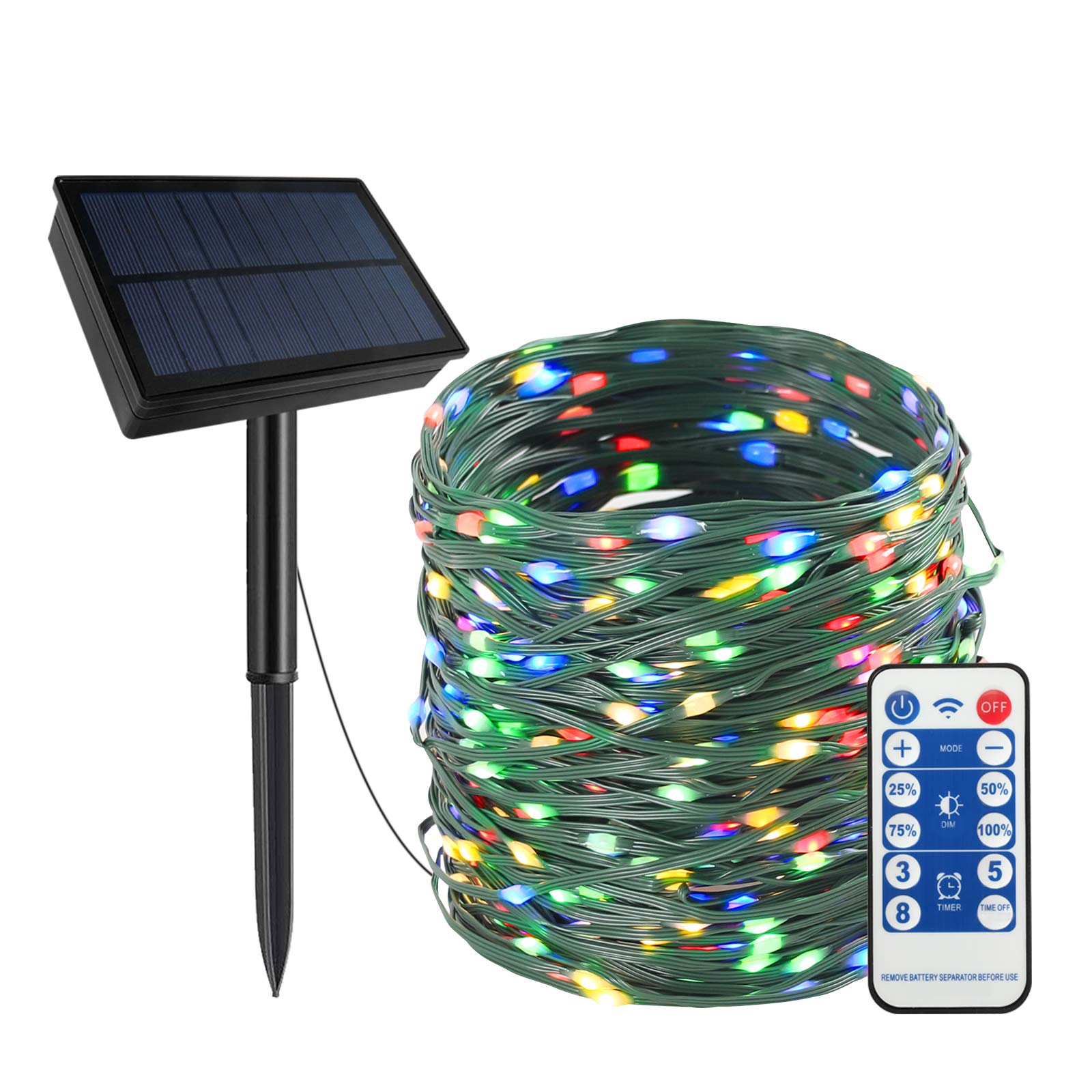 MZD8391 300LED Outdoor Solar String Lights with 8 Lighting Modes, 105 Feet Waterproof Solar Powered Lights for Indoor Outdoor Christmas Patio Garden Yard Wedding Party Tent Tree Decor, Multi-Color