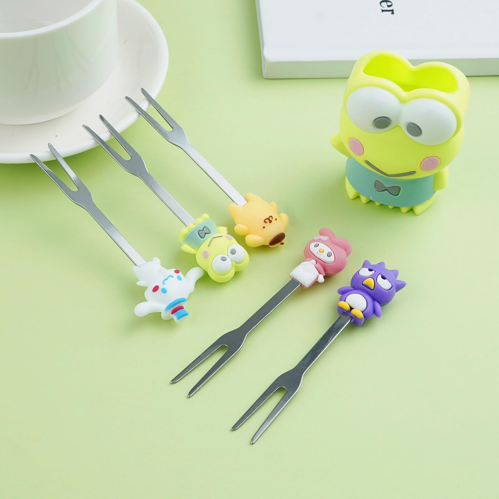 Cartoon Mini Fruit Fork, Cute Set of 6 Fruit Forks with Holder Stainless Steel Food Pick Forks for Home (Cha-SRO)