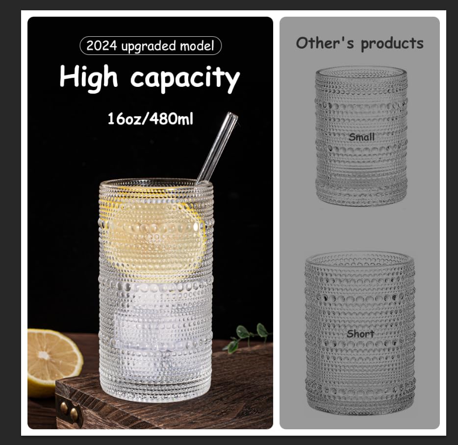 Dingerjar 2024 Upgraded Large Capacity 16 oz/480 ml Hobnail Glasses Drinking Set of 12 - Heavy Vintage Glassware