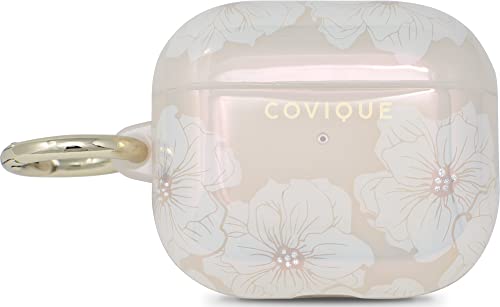 Covique Compatible AirPods 3 Case Cover 2021 | Cute Women Girly Flower, White Poppy Floral Iridescent & Glitter | Protective Shockproof TPU with Keychain Hook for AirPods 3rd Generation Charging Case