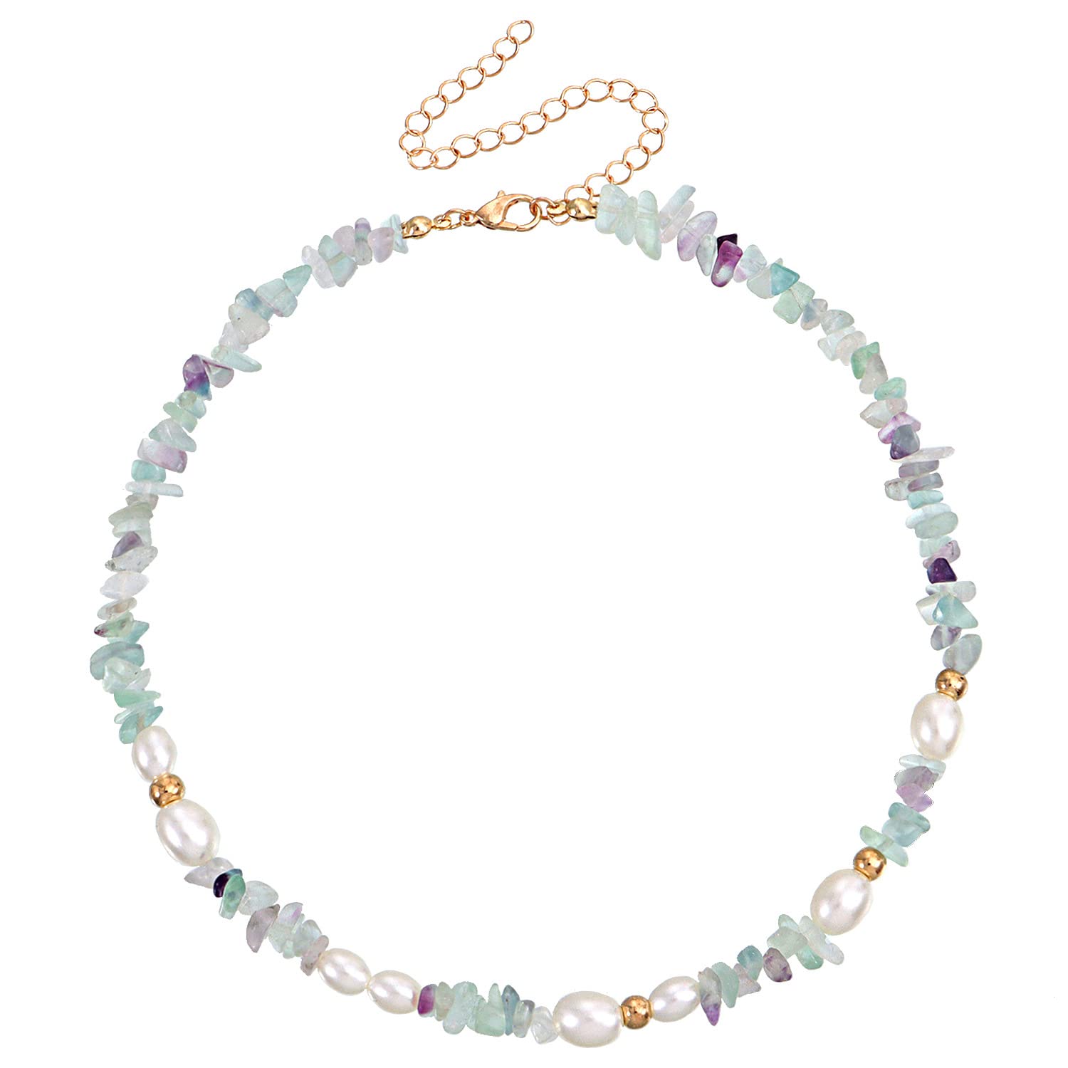 Bohemian Pearl Carnelian Crystal Necklace Green Transparent Crystal Natural Irregular Stone Choker Turquoise Beaded Necklace for Women Jewelry-light
