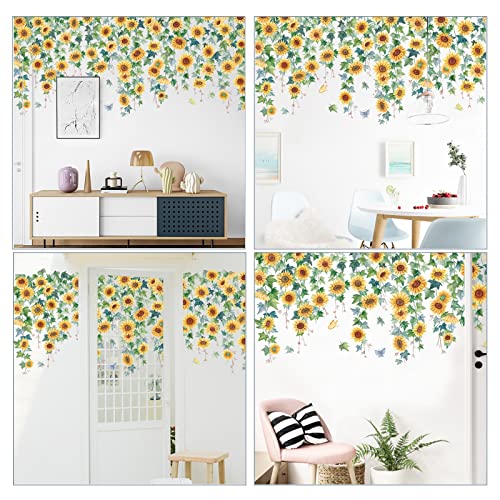 Sunflower Wall Sticker Flower Vines Hanging Wall Decal Green Leaves Floral Wall Art for Bedroom Bathoom Kids Wall Decor