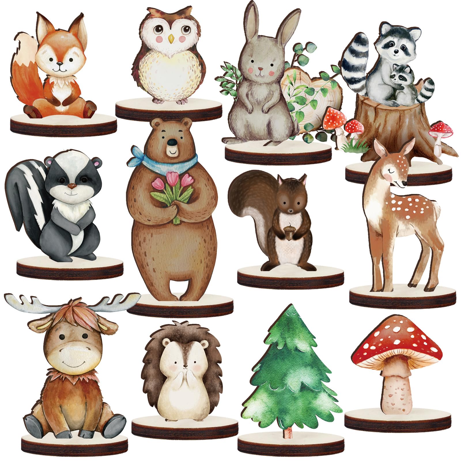 Geetery 12 Pcs Woodland Animals Wooden Animal Cutout Shapes Forest Painted Woodland Baby Shower Decorations Woodland Creatures Wood Table Centerpieces for Woodland Camp Party Supplies (Cute)