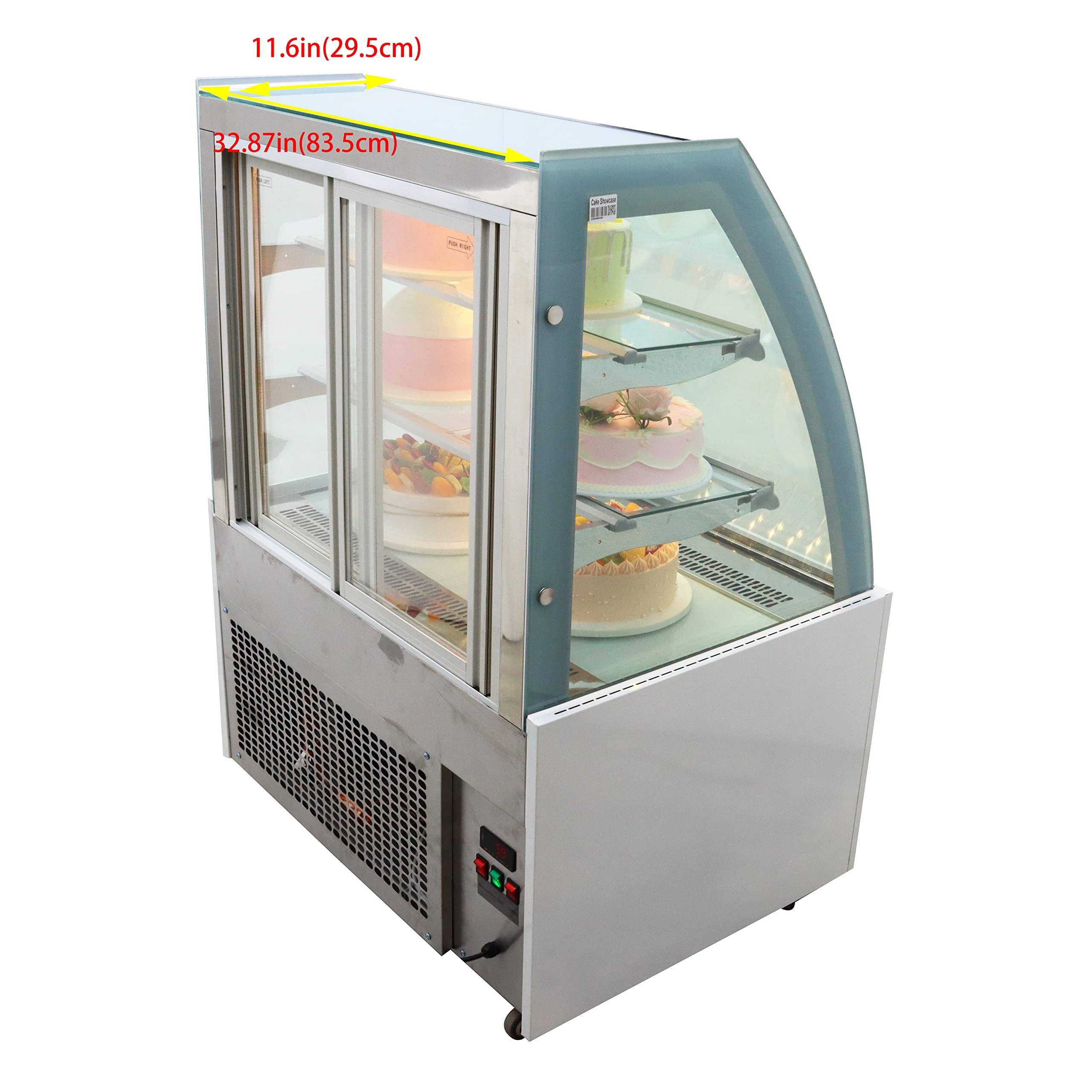 INTSUPERMAI Glass Bakery Display Case 35inch Floor Standing Refrigerated Cake Showcase Bakery Cabinet Display Refrigerators Cake Showcase Arc Back Door LED Lighting 220V Automatic Defrost