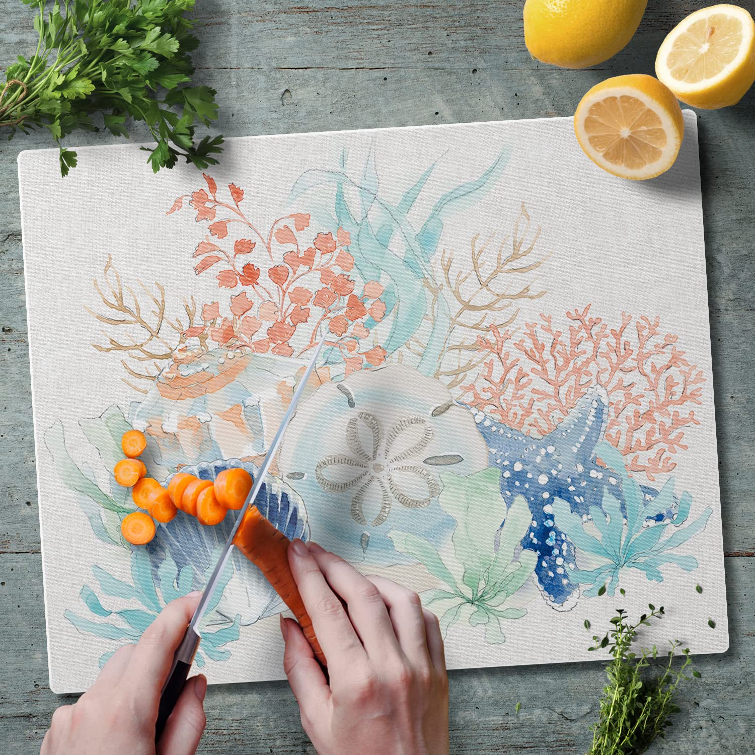 CounterArt Seaside 3mm Heat Tolerant Tempered Glass Cutting Board 15โ x 12โ Manufactured in the USA Dishwasher Safe