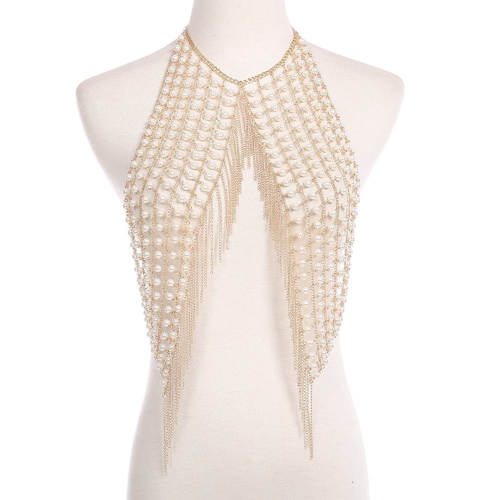 Bmirth Boho Gold Body Chain Pearl Tassel Waist Chain Sexy Bikini Bar Chain Rave Nightclub Party Body Accessory (B)
