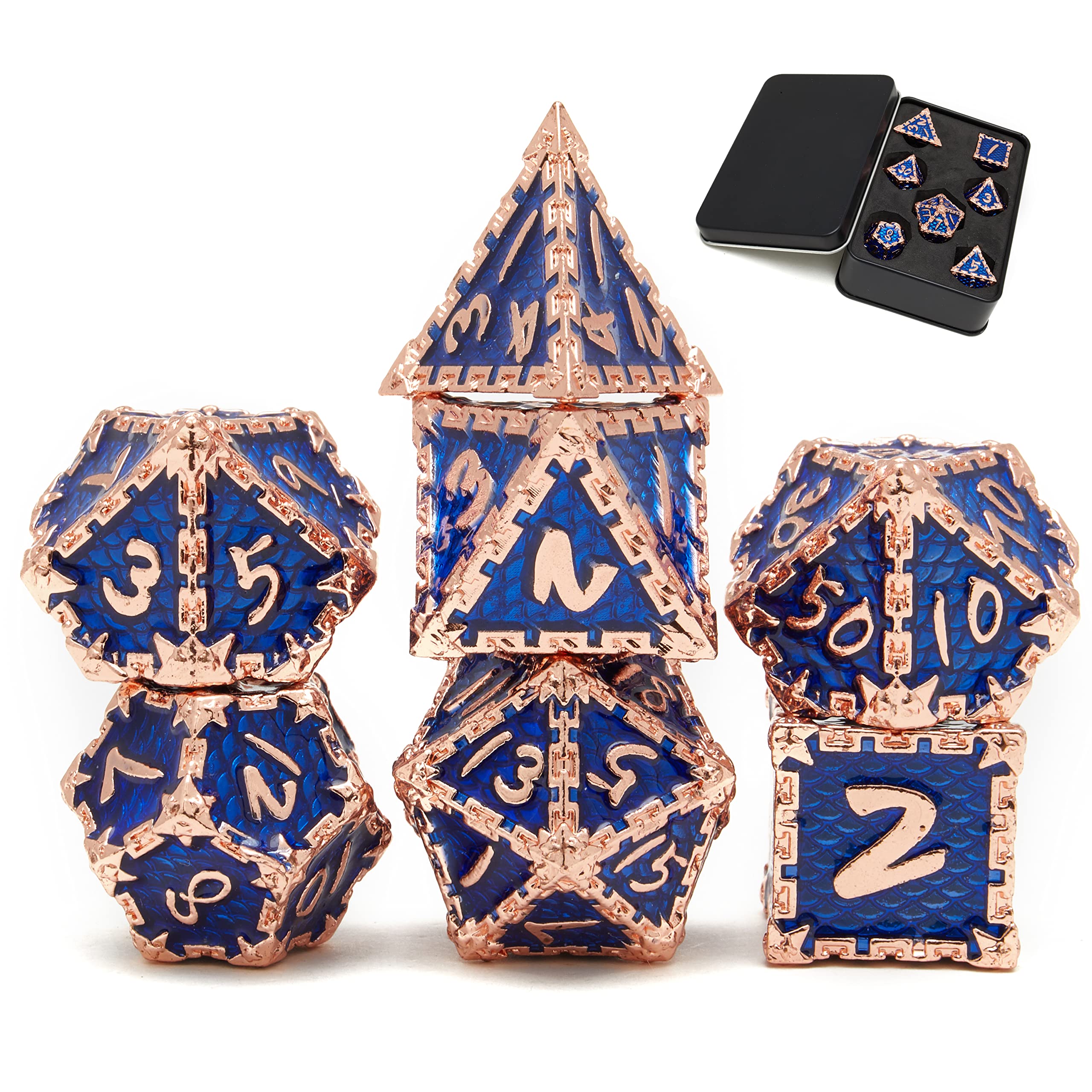 Ouyide Metal dice, DND dice Set, Dragon Skin Scale Iron Chain, Suitable for Role-Playing Dungeons and Dragons dice Set Game(Rose Gold Rim + Blue)