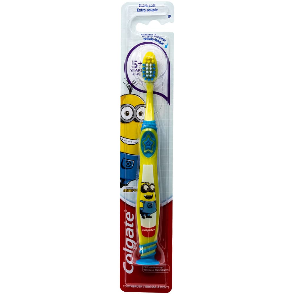 Colgate Minions Toothbrush with Suction Cup, Tongue Cleaner 5+ Years, Extra Soft (Colors Vary) - Pack of 2
