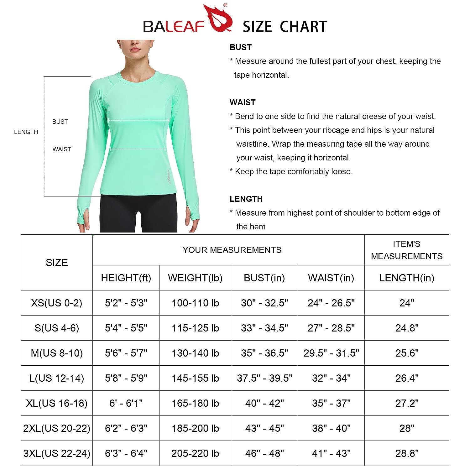 BALEAF Women's Long Sleeve Workout Tops Moisture Wicking Running Shirts with Thumbholes Mint Green M