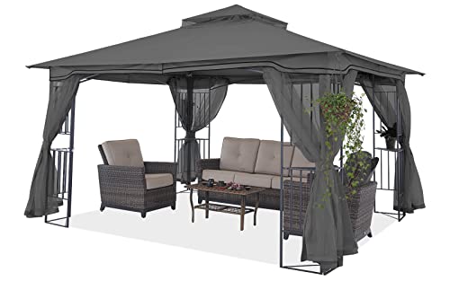 MASTERCANOPY Patio Outdoor Gazebo with Netting Screen Walls and Corner Shelf Design (11x13,Gray)