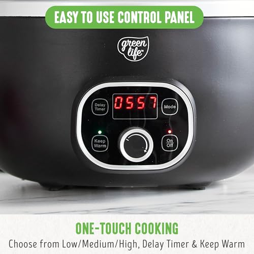 GreenLife 6 Quart Ceramic Slow Cooker, PFAS-Free, Programmable, Removable Healthy Nonstick Pot for large families, Sear on Stovetop, Keep Warm, Digital Timer, Dishwasher Safe Glass Lid & Crock, Black