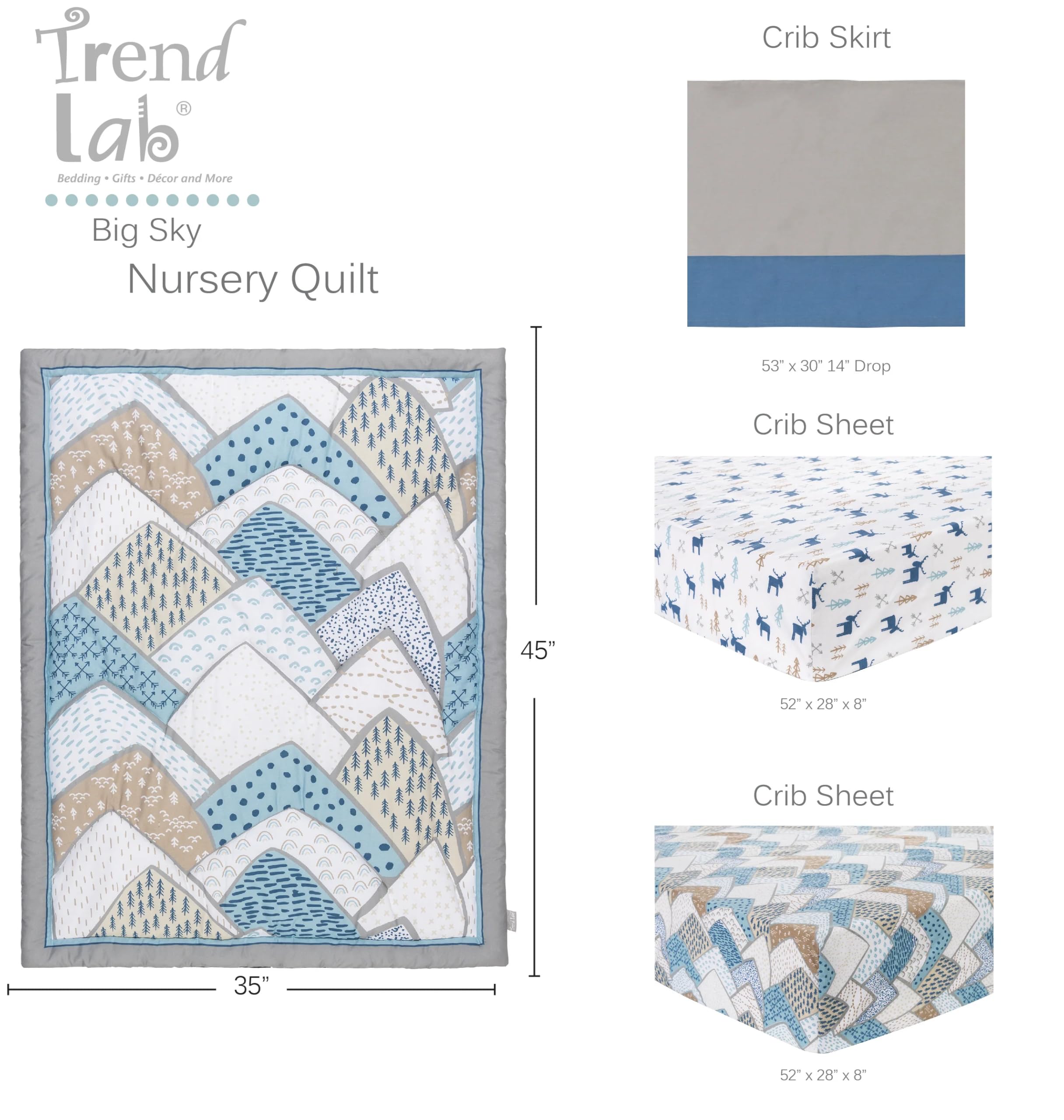 Trend Lab Florence 3 Piece Crib Bedding Set, Can Be Used As A Blanket Or A Playmat for Tummy Time, Includes Quilt, Fitted Crib Sheet and Skirt
