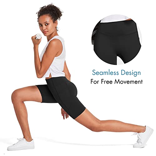 BALEAF Women's Long Compression Biker Shorts with Pockets High Waisted Spandex Workout Yoga Running Shorts Black S