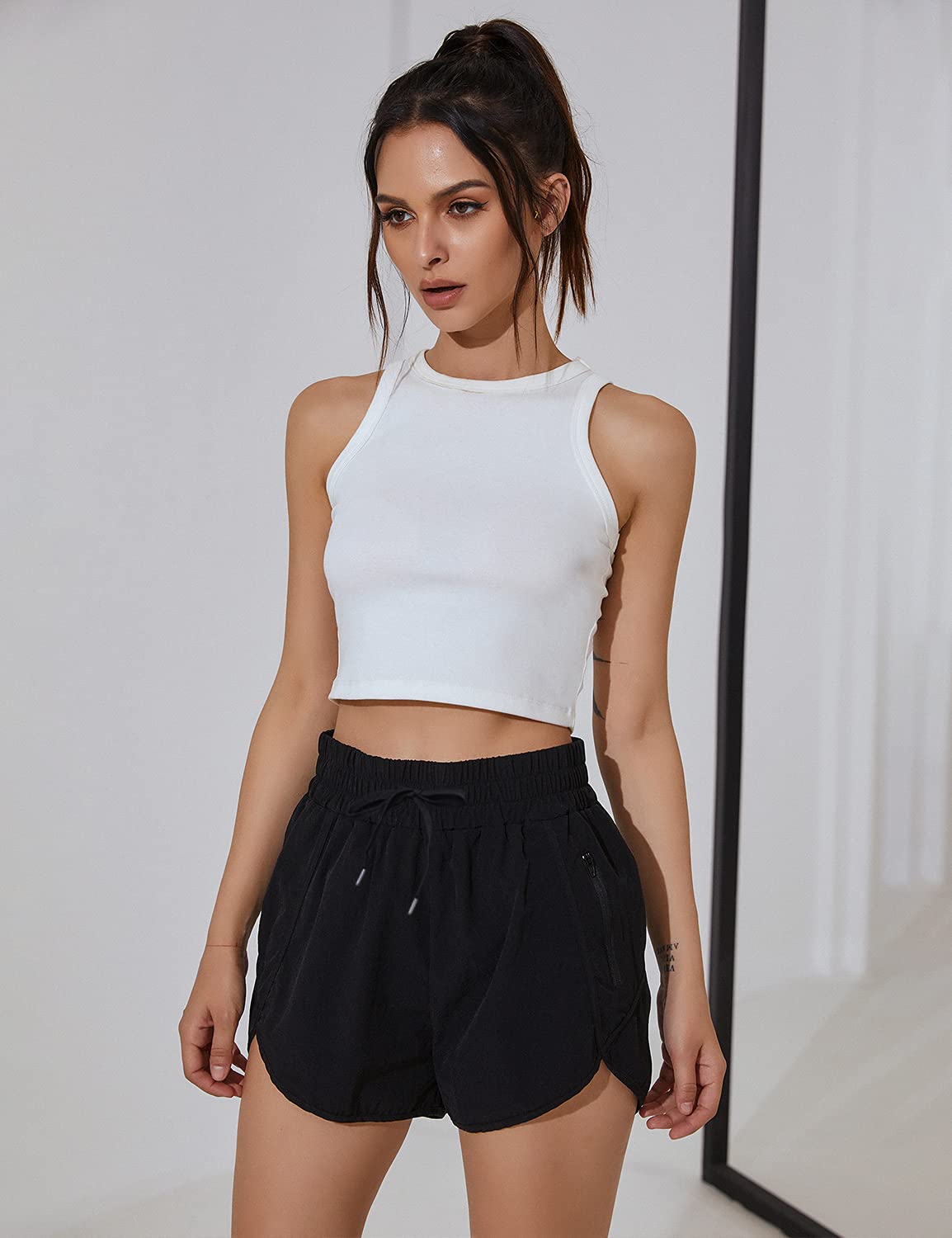 BMJL Women's Running Shorts Summer Athletic High Waisted Drawstring Causal Workout Sport Shorts with Pockets(S, Black)