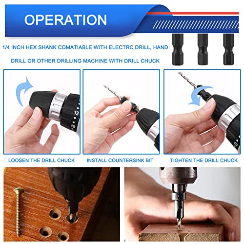 Countersink Drill Bits Set - 1/4 Inch Hex Shank Tapered Drill Bits, Quick Change Wood Woodworking Counter Sinker Drill Bit with Hex Wrench Screw Pilot Hole Drilling Tools for Wood Plastic,4Pcs