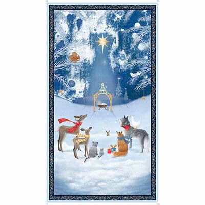 FlashPhoenix Quality Sewing Fabric – Christmas Fabric Animals Baby Jesus Blue 100% Cotton Woodland Dream 24"X44" Panel