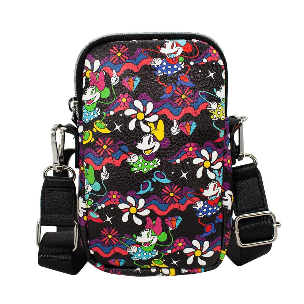 Buckle Down Wallet Phone Bag Holder-Minnie Mouse Style Dancing Pose Floral Collage Black/Multi Color