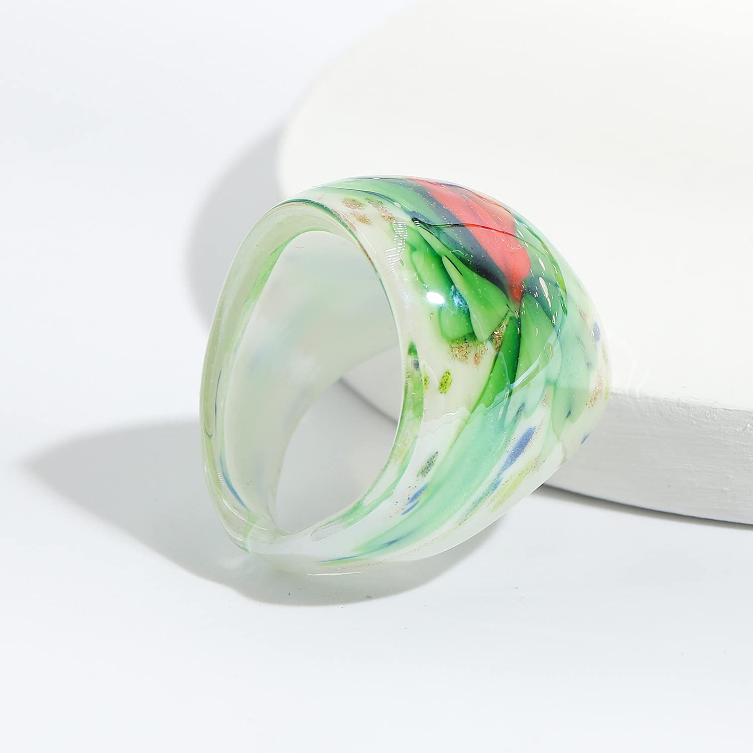 Boho Flower Dome Ring, Retro Chunky Resin Rings, Vintage Wide Thick Knuckle Acrylic Ring, Stackable Ethnic Style Statement Rings for Women Girls-green fl