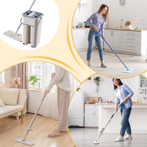 Flat Floor Cleaning Mop | Flat Squeeze Mop and Bucket | Multifunctional Flat Mop and Bucket with Wringer Set for Home, Professional Floor, Wall Mop Cleaner with Ergonomic Handle