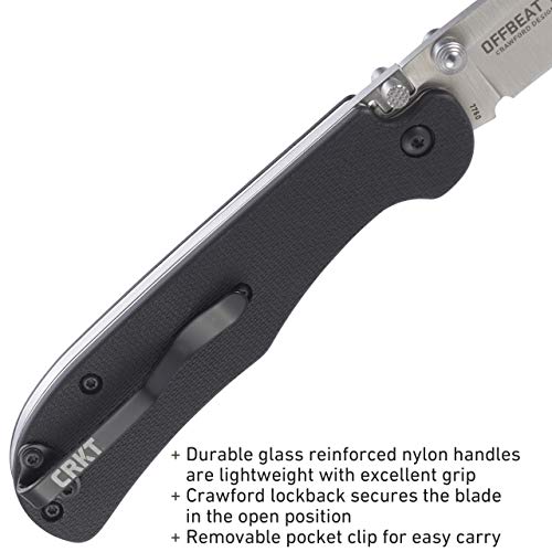 CRKT Offbeat II EDC Folding Pocket Knife: Everyday Carry, Satin Blade, Crawford Lockback Safety, Nylon Handle, Reversible Pocket Clip 7760