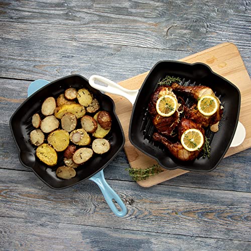 Country Living Enameled Cast Iron Square Griddle Grill Pan with Ridges, Helper Handle and Pouring Spouts for Easy Draining, Indoor Grilling Skillet, 11-Inch, Blue